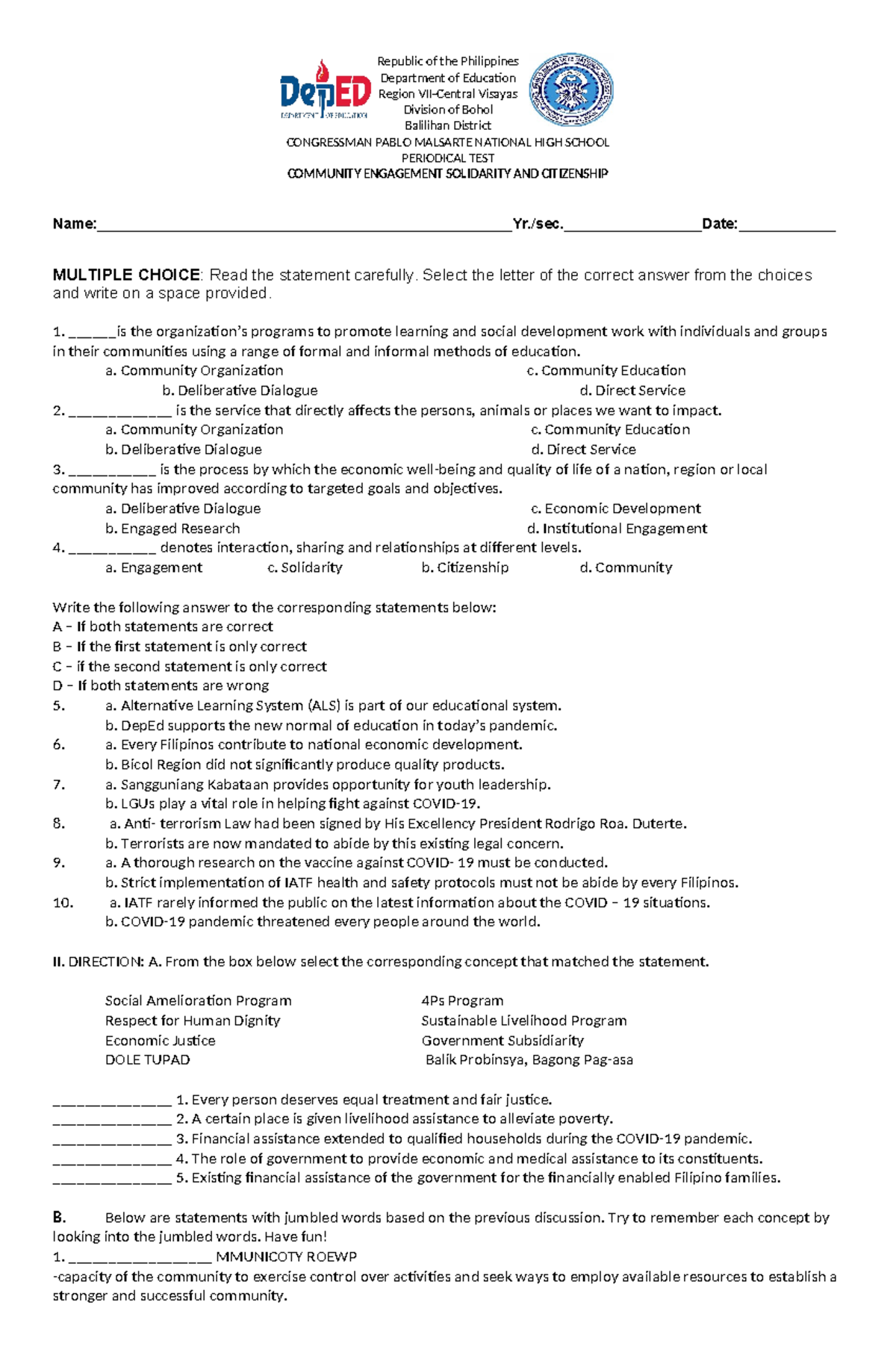 Periodical test in cesc - Republic of the Philippines Department of ...