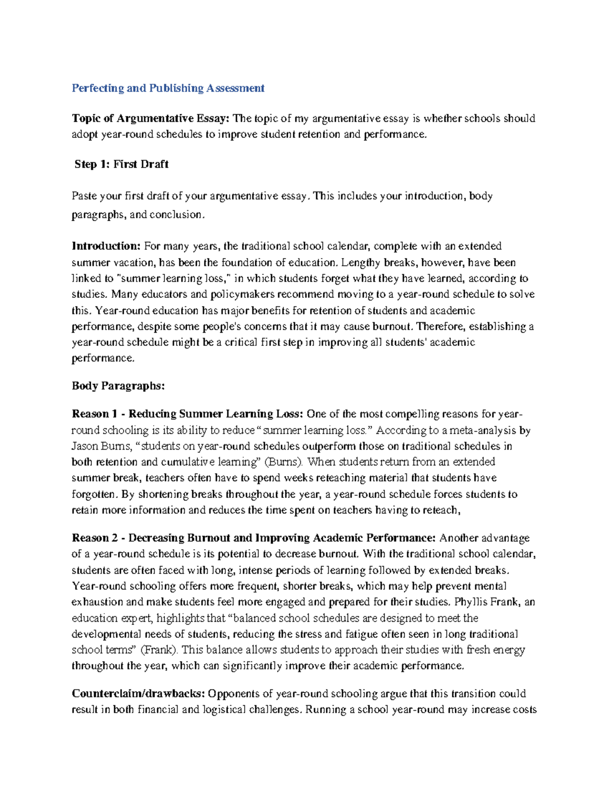 FLVS English Honors Argumentative Essay: Year-Round Schedules (5.04 ...