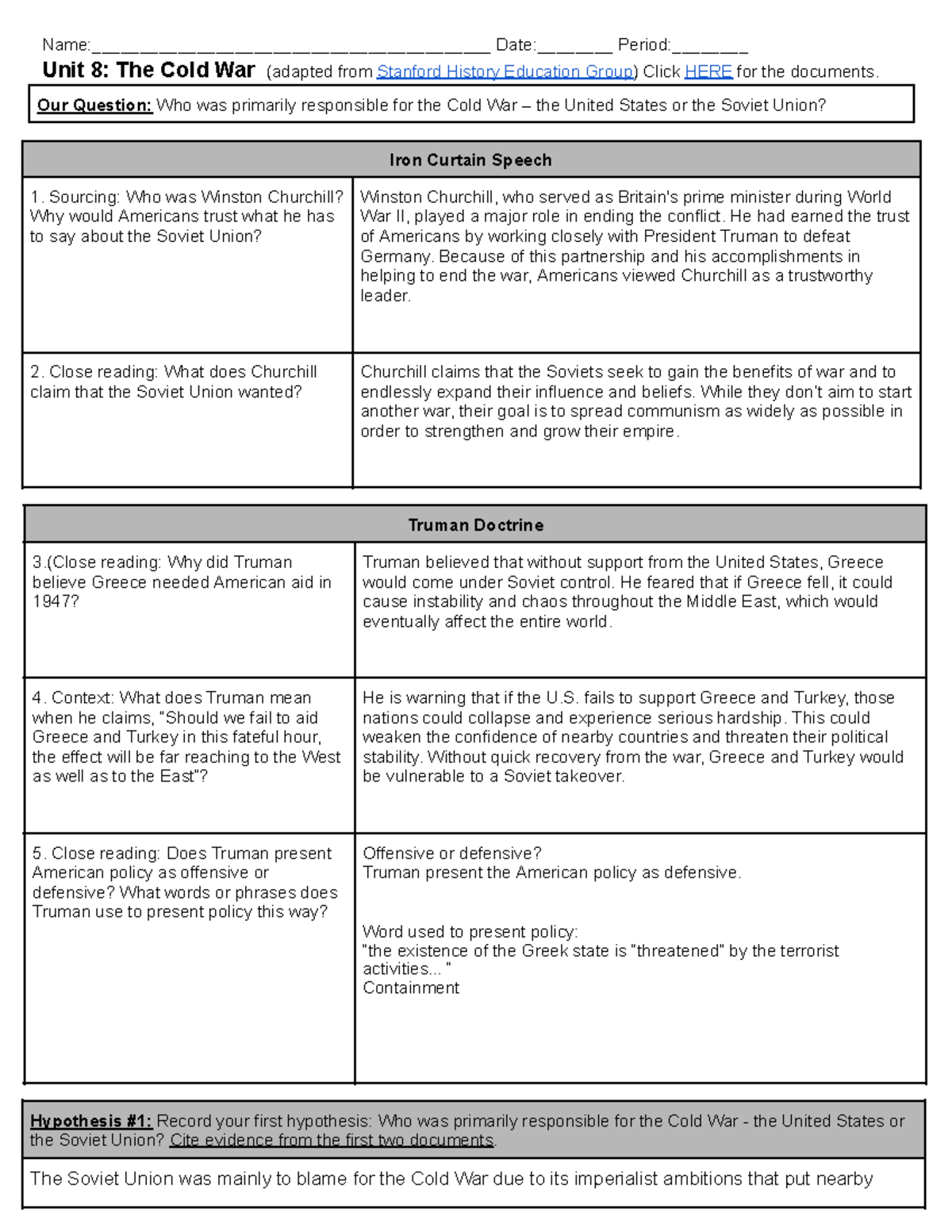 Unit 8 Cold War Lesson - Key Insights and Hypotheses Student Handout ...