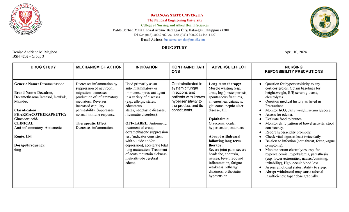 BSN 4202 Drug Study: Dexamethasone Mechanism, Indications & Nursing ...