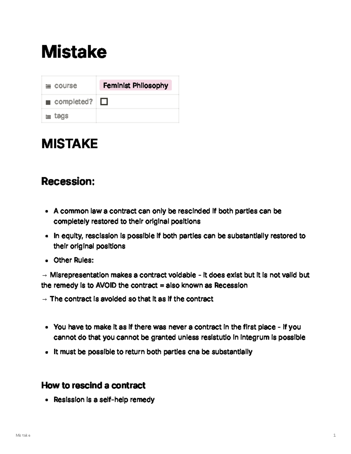 Mistake in Contract Law: Rescission and Remedies Overview - Studocu
