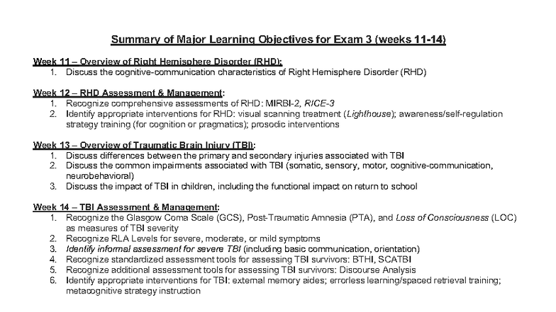 Exam 3 Review: RHD & TBI Overview, Assessments, Interventions - Studocu