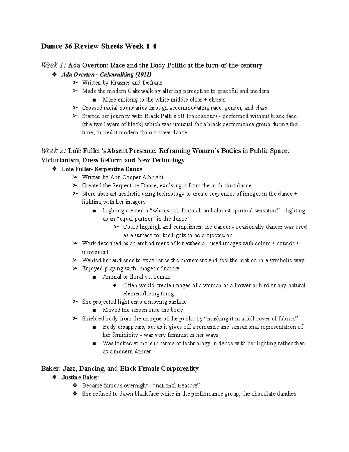 Dance 36 Final Review: Key Concepts from Weeks 1-4 - Studocu