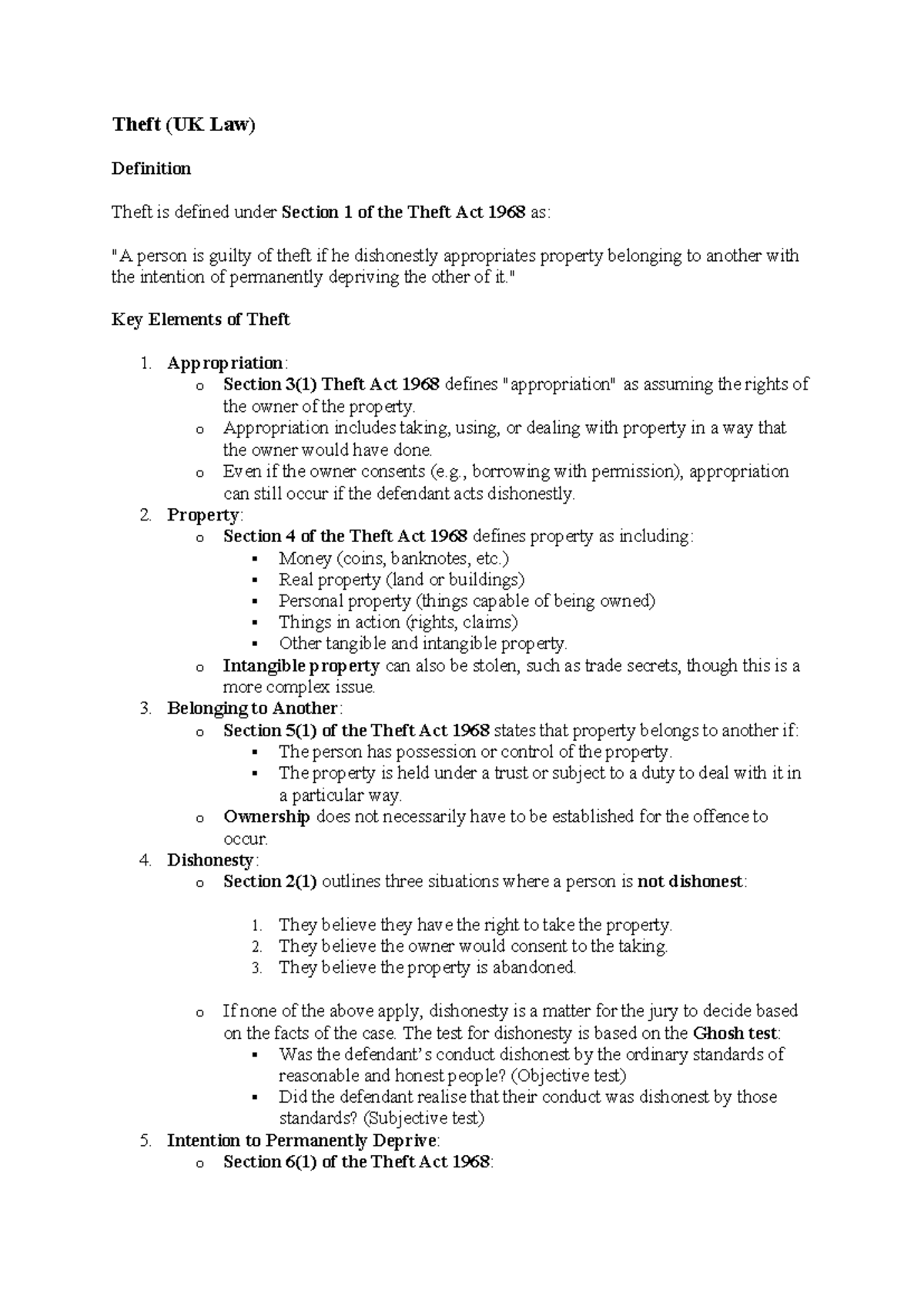 Theft (UK Law) Overview: Key Elements of the Theft Act 1968 - Studocu