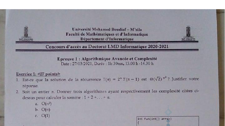 Sujets de Concours Doctorat LMD Informatique - Algorithmique Avancée ...