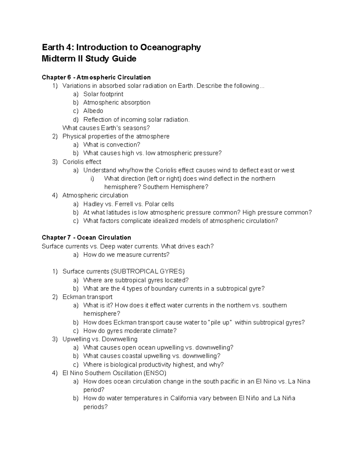 Earth 4: Oceanography Midterm II Study Guide on Atmospheric & Ocean ...