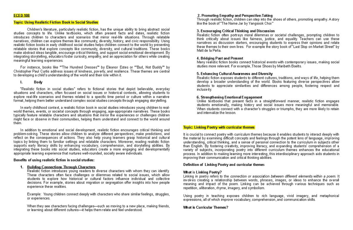 ECED 108 & 110 Final Exam Review: Realistic Fiction & Counting Concepts ...