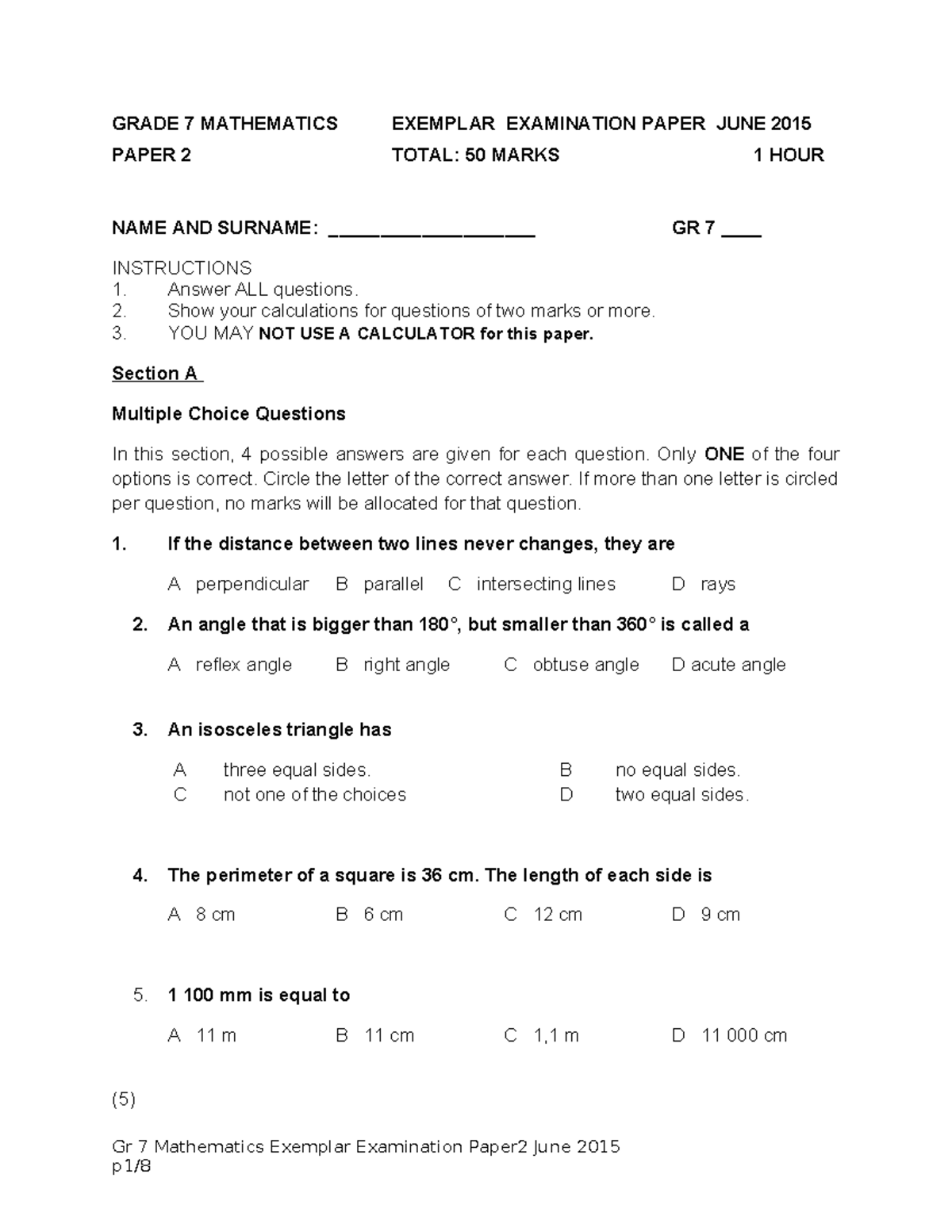 WC Grade 7 Mathematics Exemplar Exam Paper 2 June 2015 - Studocu