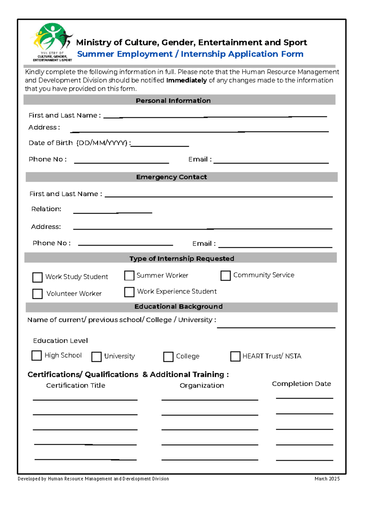 Fillable Summer Employment Application Form 250501 002736 - Studocu