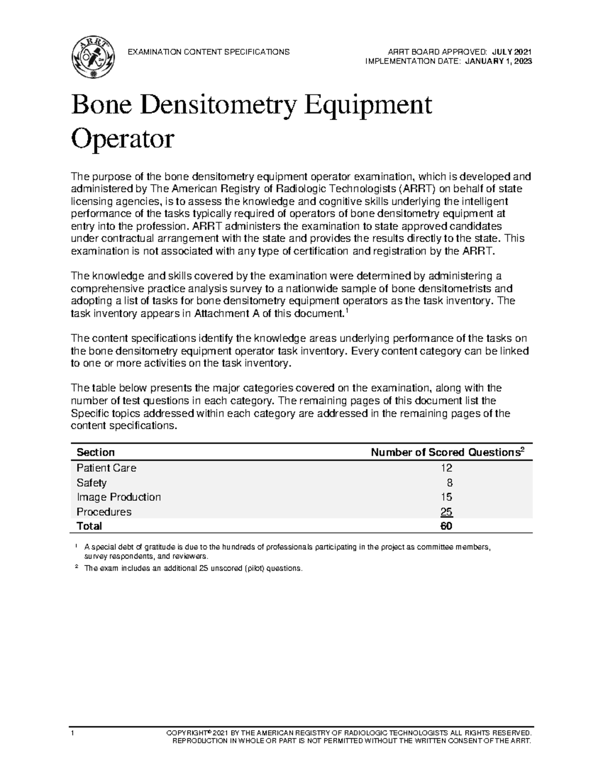 Bone Densitometry Equipment Operator Exam Content Specs (ARRT 2021 ...