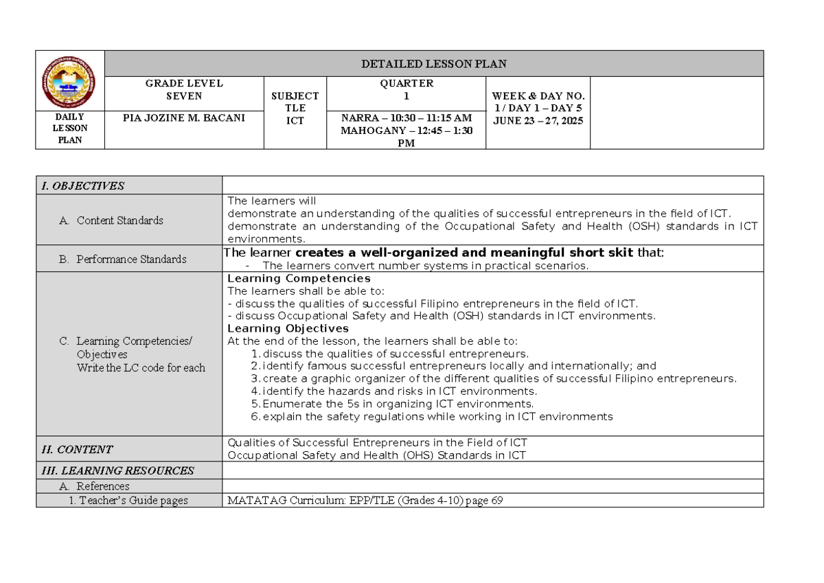 TLE 7 Q1W2: Detailed Lesson Plan on ICT Entrepreneurship Qualities ...