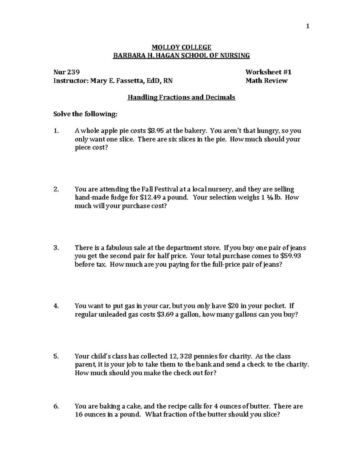 Nur 239 Math Review Worksheet #1-1 - MOLLOY COLLEGE BARBARA H. HAGAN ...