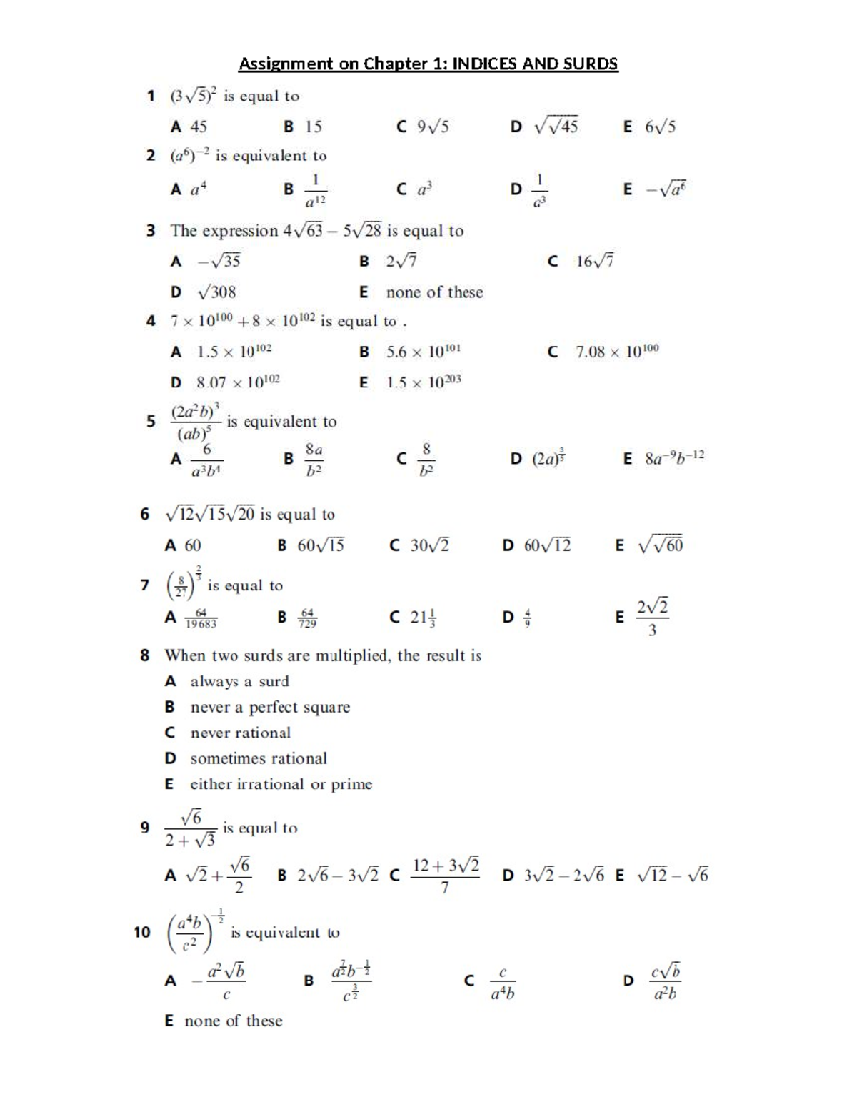 Assignment on Chapter 1: Indices and Surds (MATH 35) - Studocu