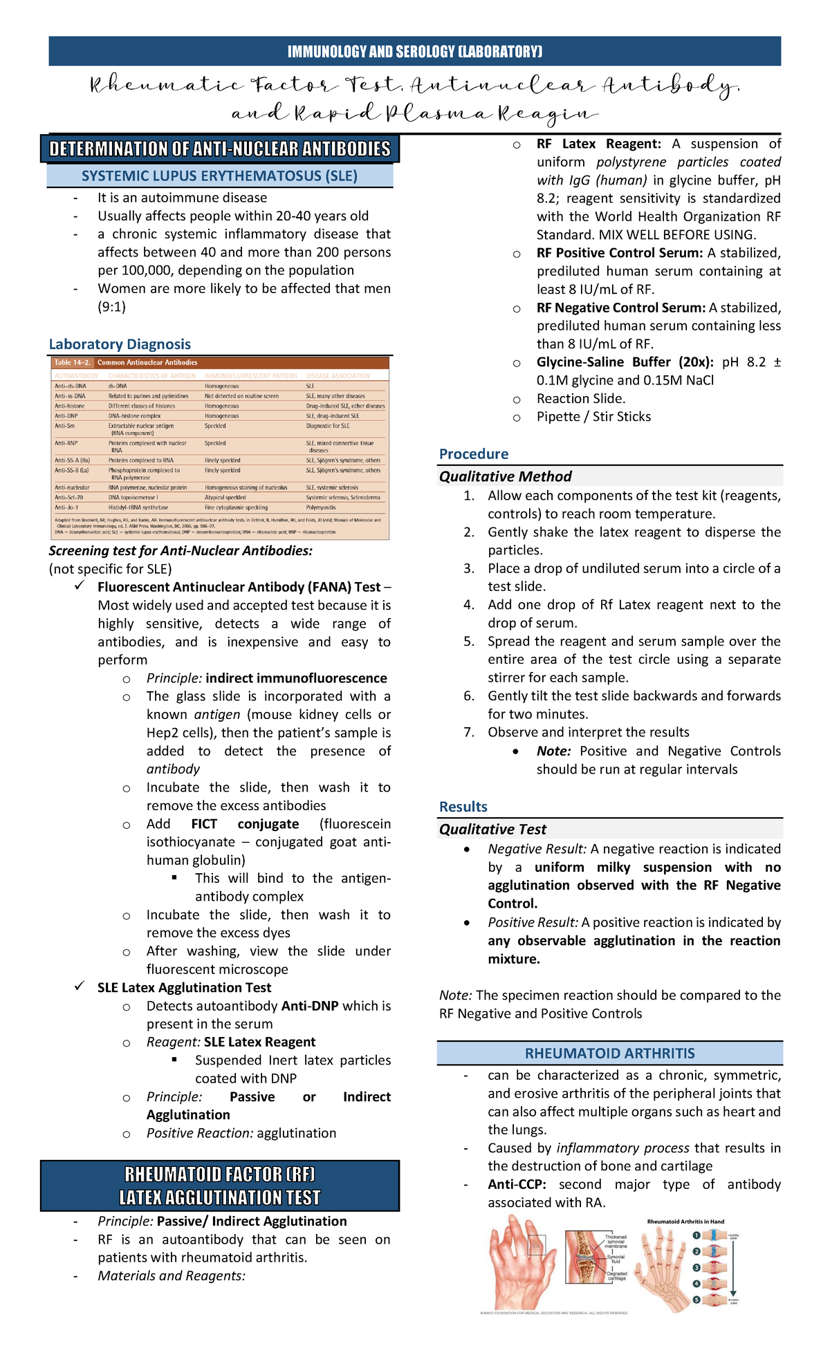 LAB 7: Immunology & Serology - SLE, RF, and RPR Overview - Studocu