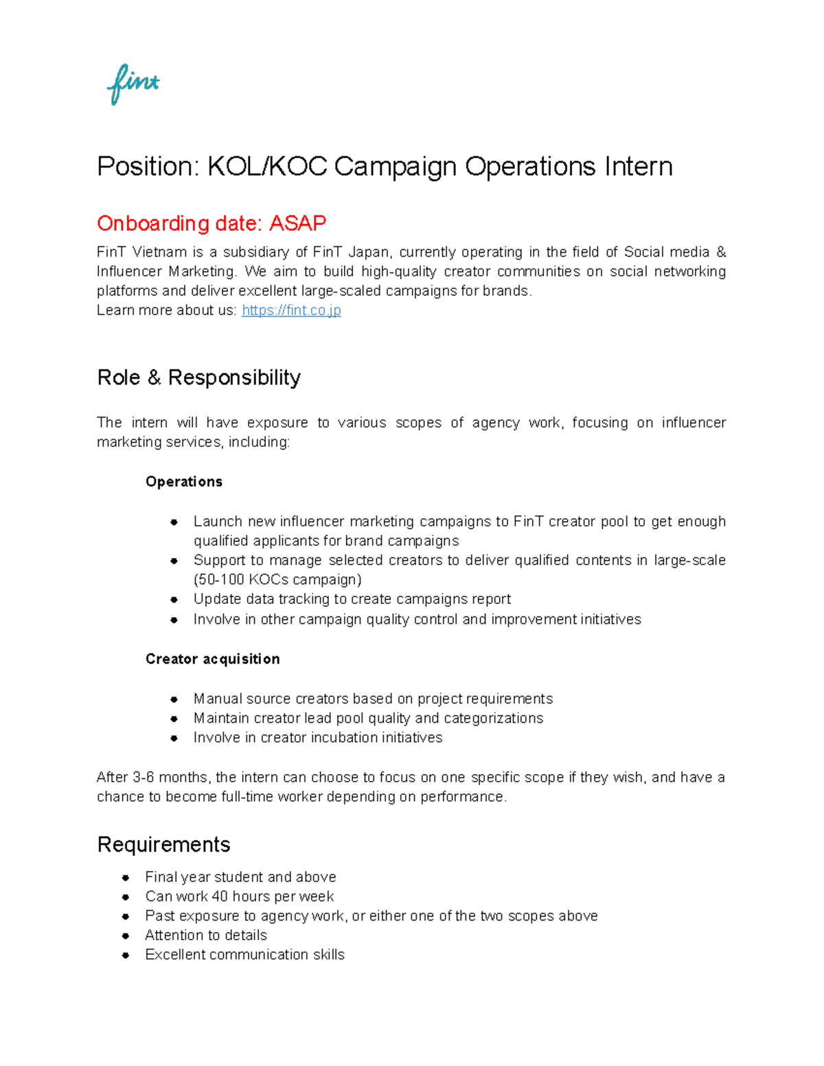 External - KOL KOC Campaign Operations Intern - Position: KOL/KOC ...