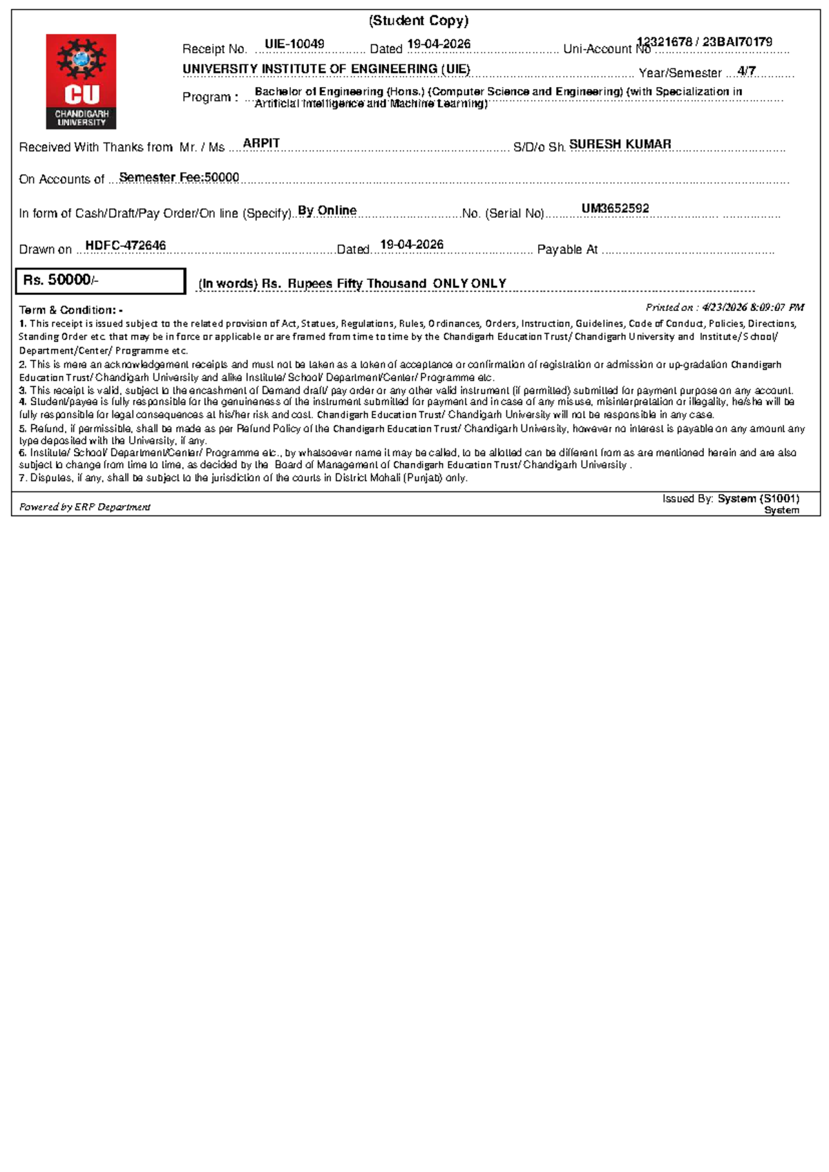 Receipt for 23BAI70179 - Bachelor of Engineering (Hons.) - Studocu