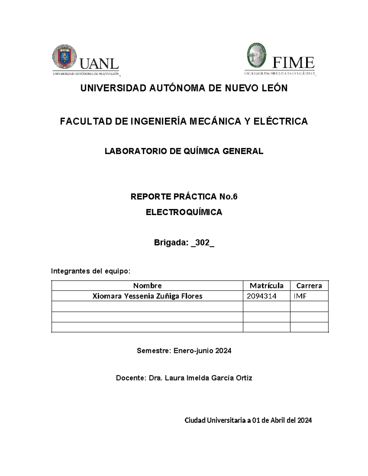 Reporte Práctica No.6: Electroquímica - Ley de Faraday (IMF 2024) - Studocu