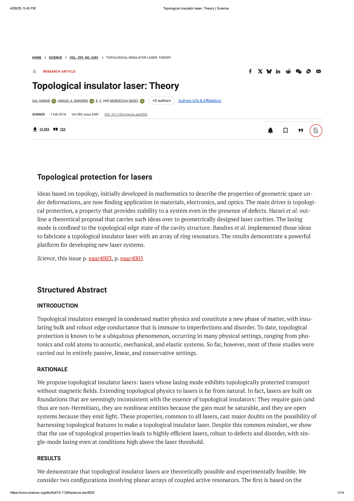 Topological Insulator Laser: Theory Insights (Science VOL. 359, NO. 6381) - Studeersnel