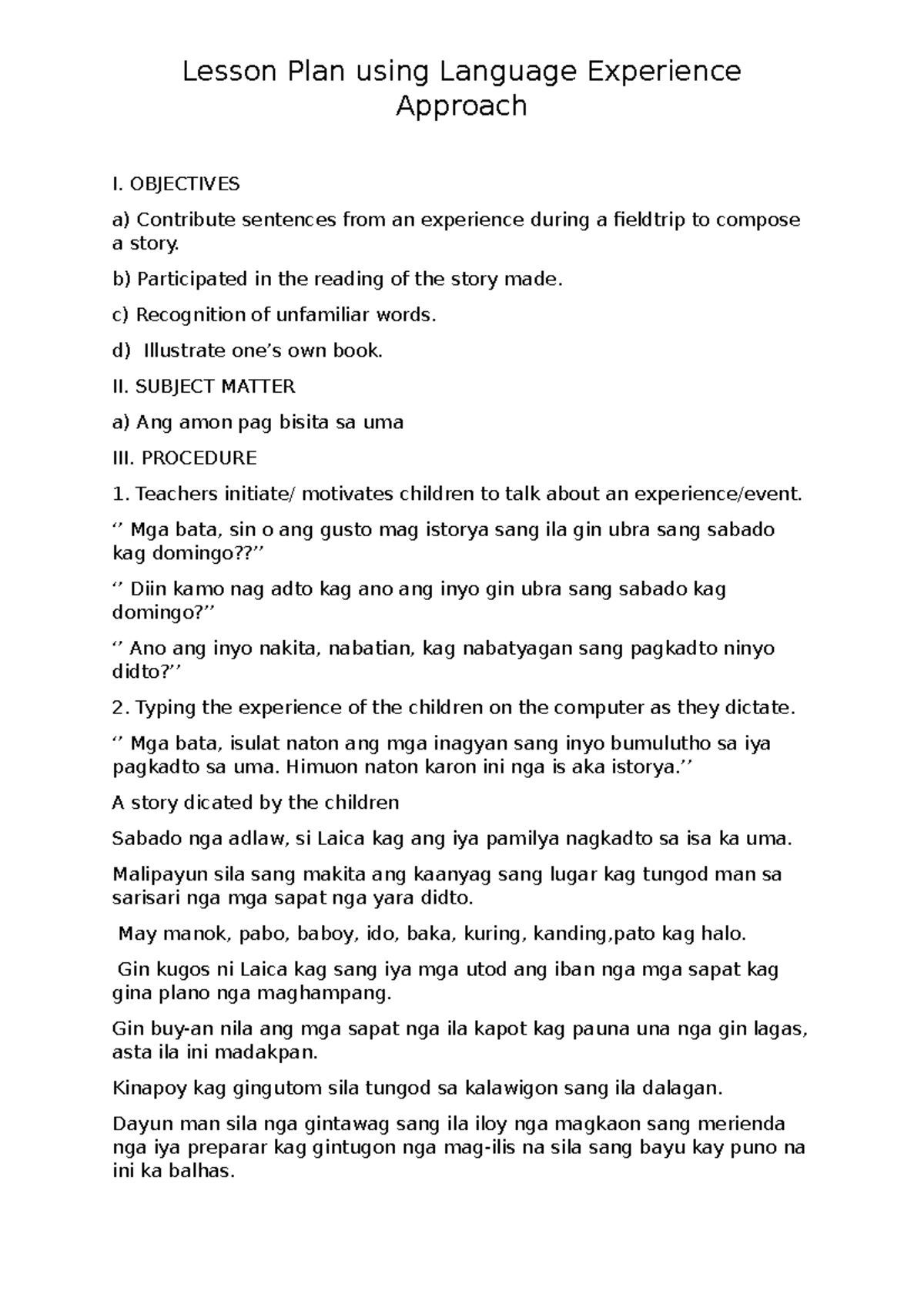 Lesson Plan using Language Experience Approach - OBJECTIVES a ...