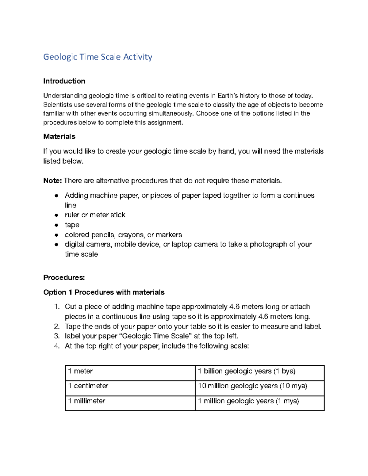 Geologic Time Scale Activity Guide for Earth Science Course (ESC 101 ...