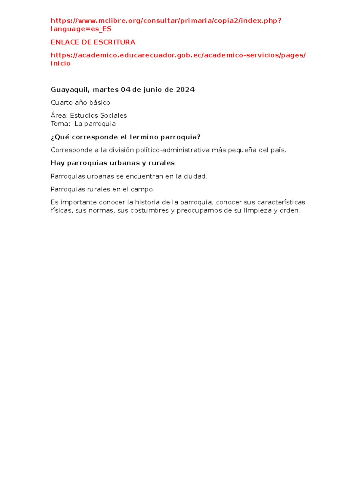 Clases de EESS Cuarto Año 2024: Parroquias Urbanas y Rurales - Studocu