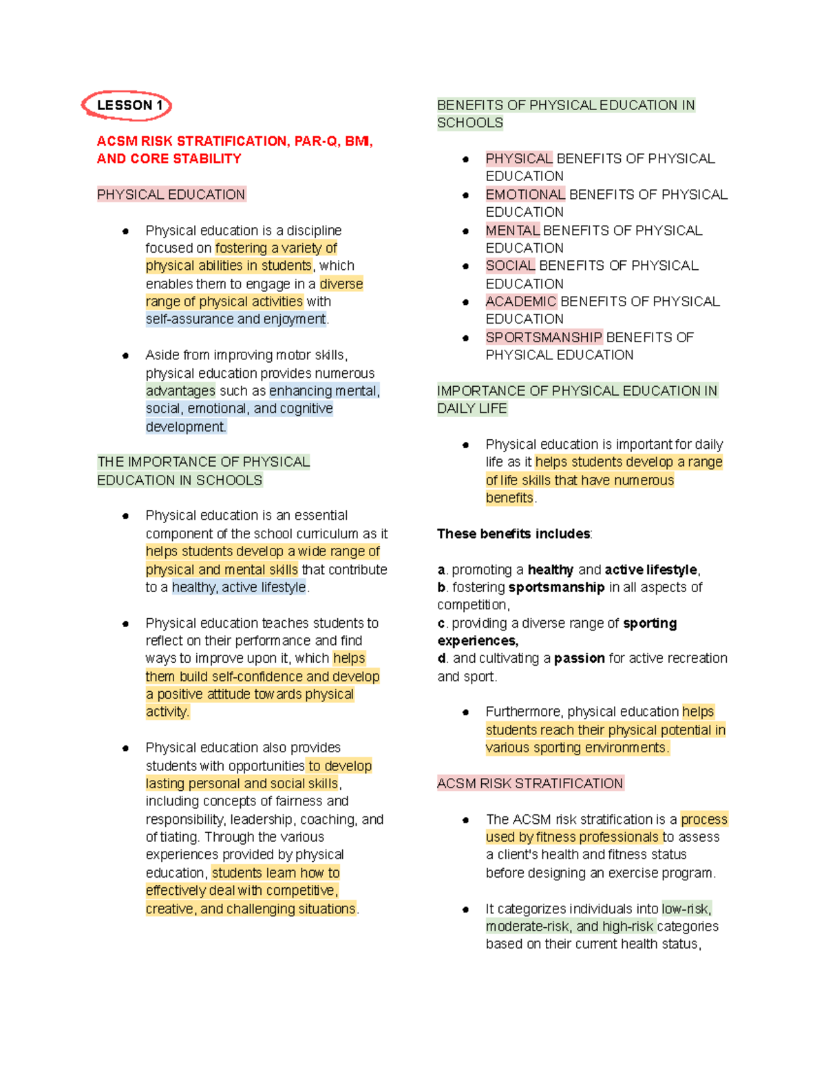 PED 030 - Lesson 1: Importance of Physical Education & ACSM Guidelines - Studocu