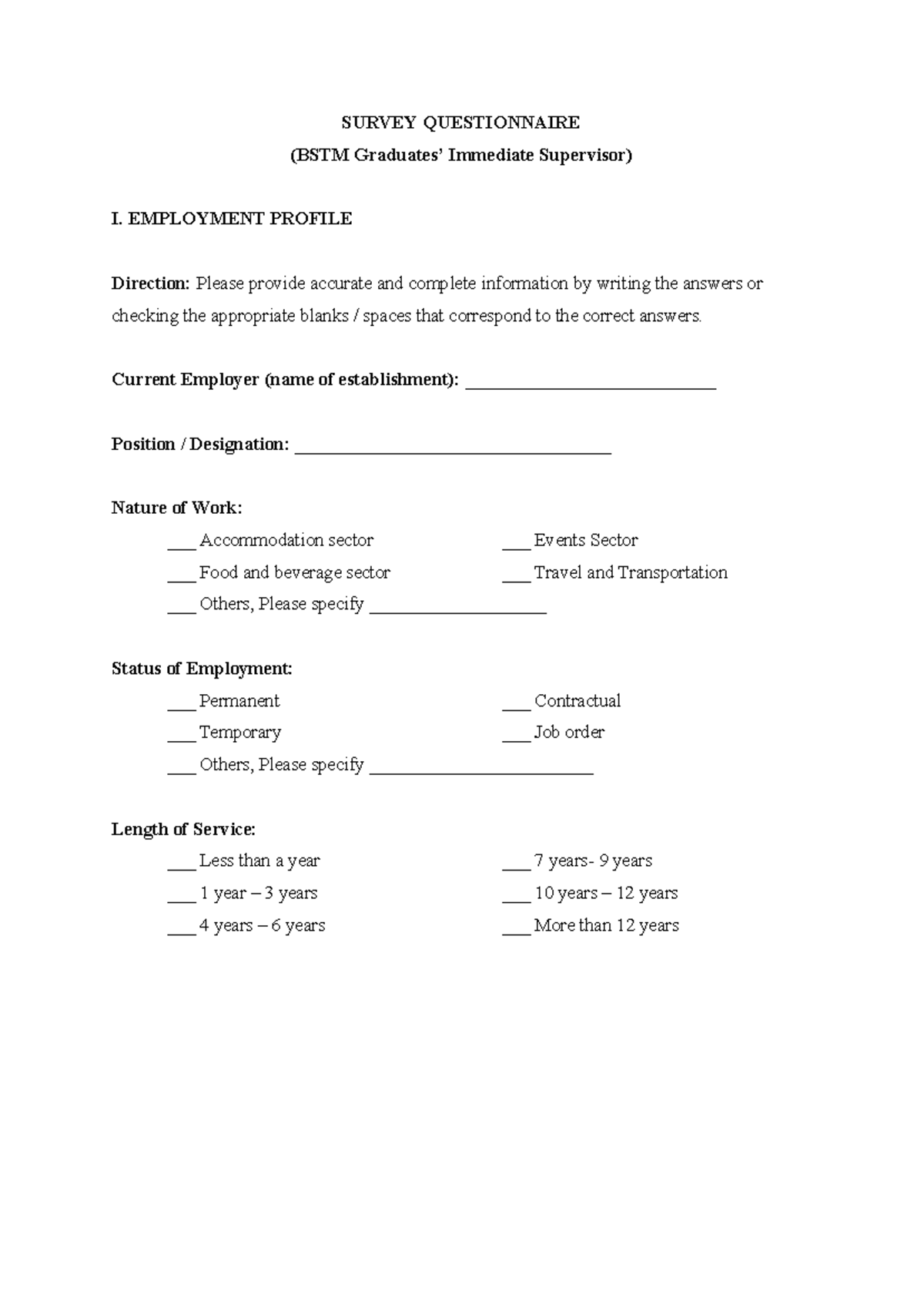 BSTM Graduate Performance Evaluation Survey Questionnaire - Studocu