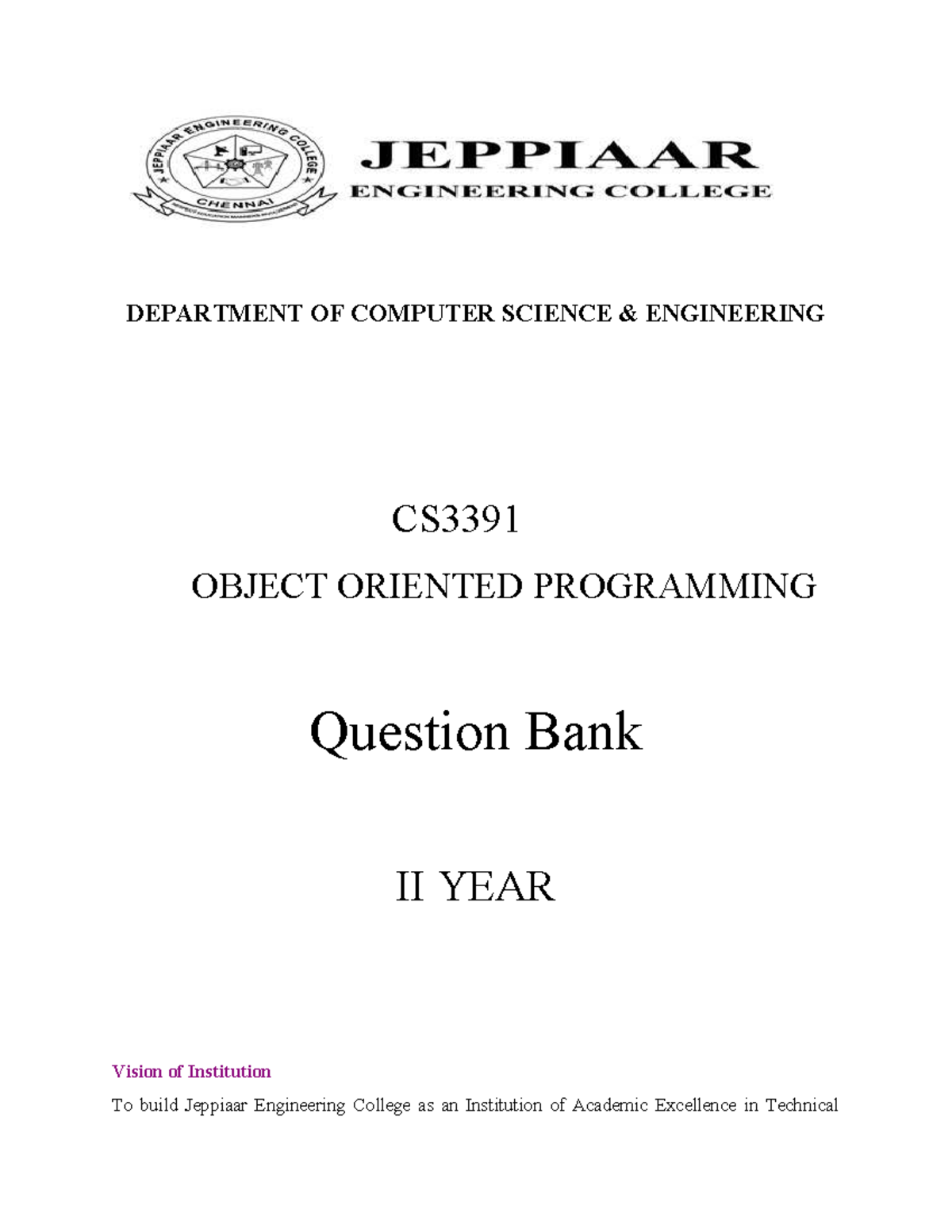 CS3391 Object Oriented Programming Question Bank II - Studocu