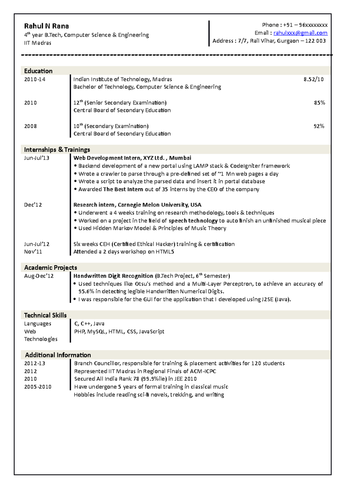 Internshala resume template 2 - Rahul N Rana 4 th year B, Computer ...