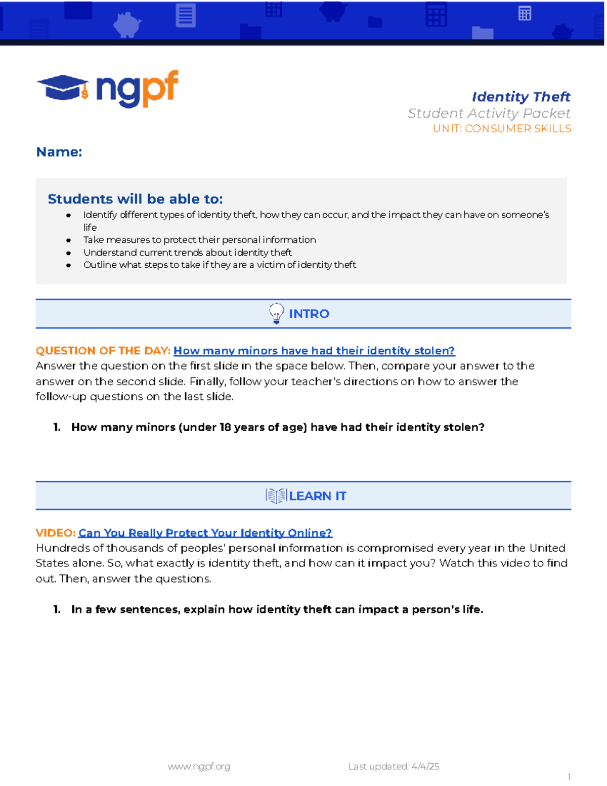 Identity Theft Student Activity Packet: Consumer Skills Unit - Studocu