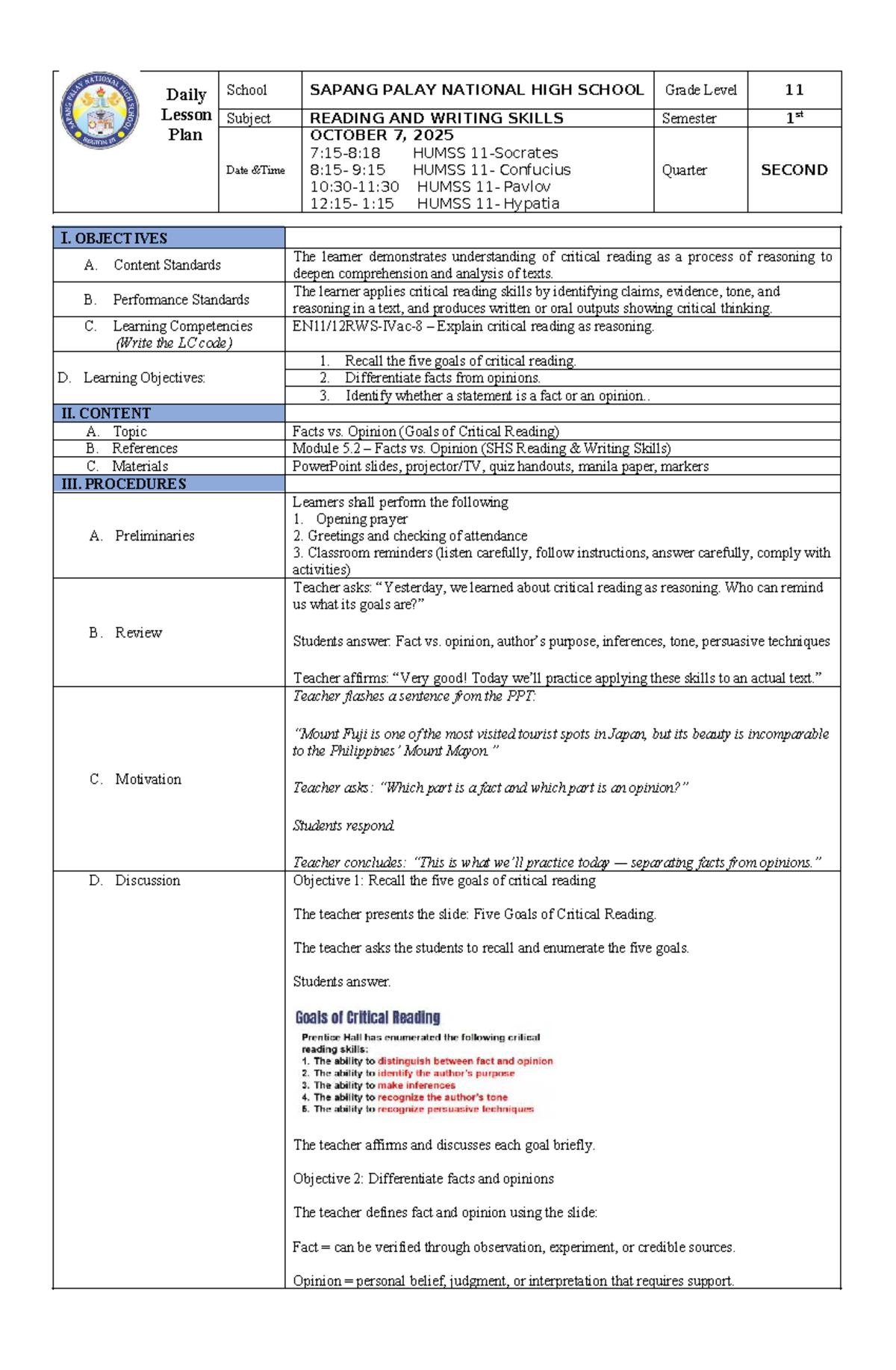 Lesson Plan: Critical Reading Skills - HUMSS 11 (Oct 7, 2025) - Studocu