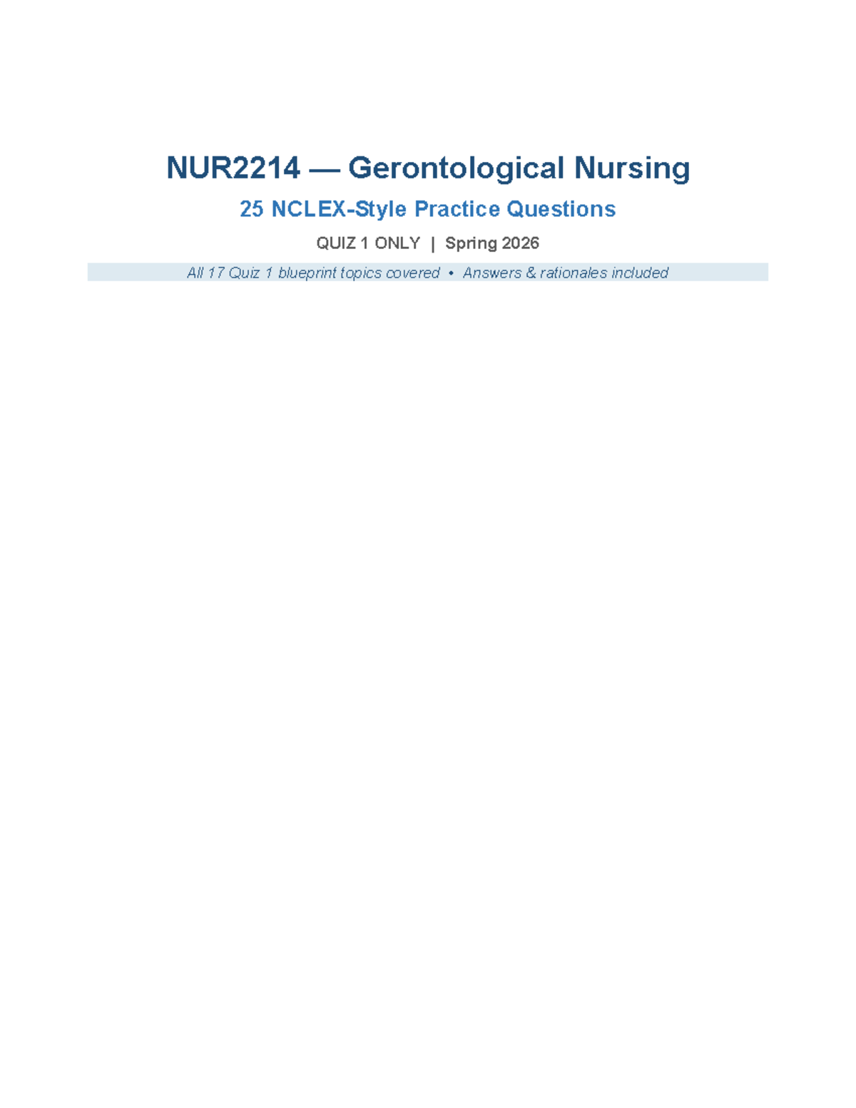 NUR2214 Gerontological Nursing Spring 2026 Quiz 1: 25 NCLEX Practice ...