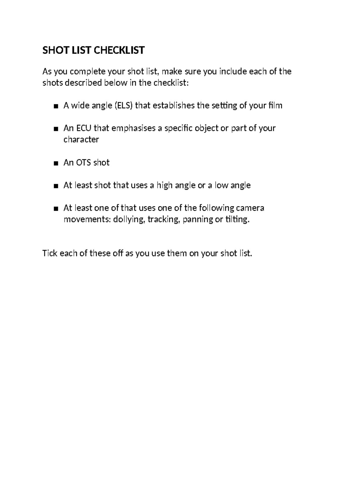 Term 4 L3 Shot List Checklist for Short Film Assignment - Studocu