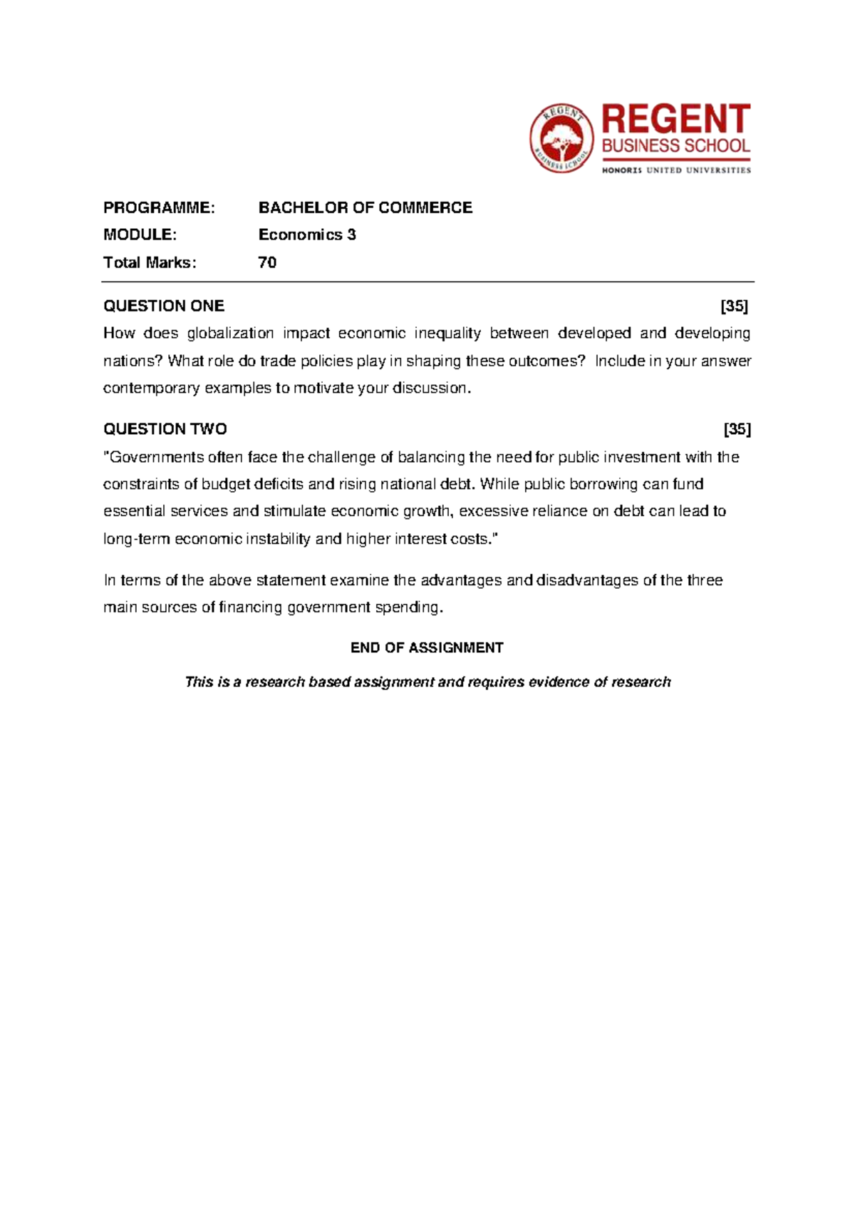 BCom Economics 3 Assignment 2: Globalization & Public Finance Analysis - Studocu