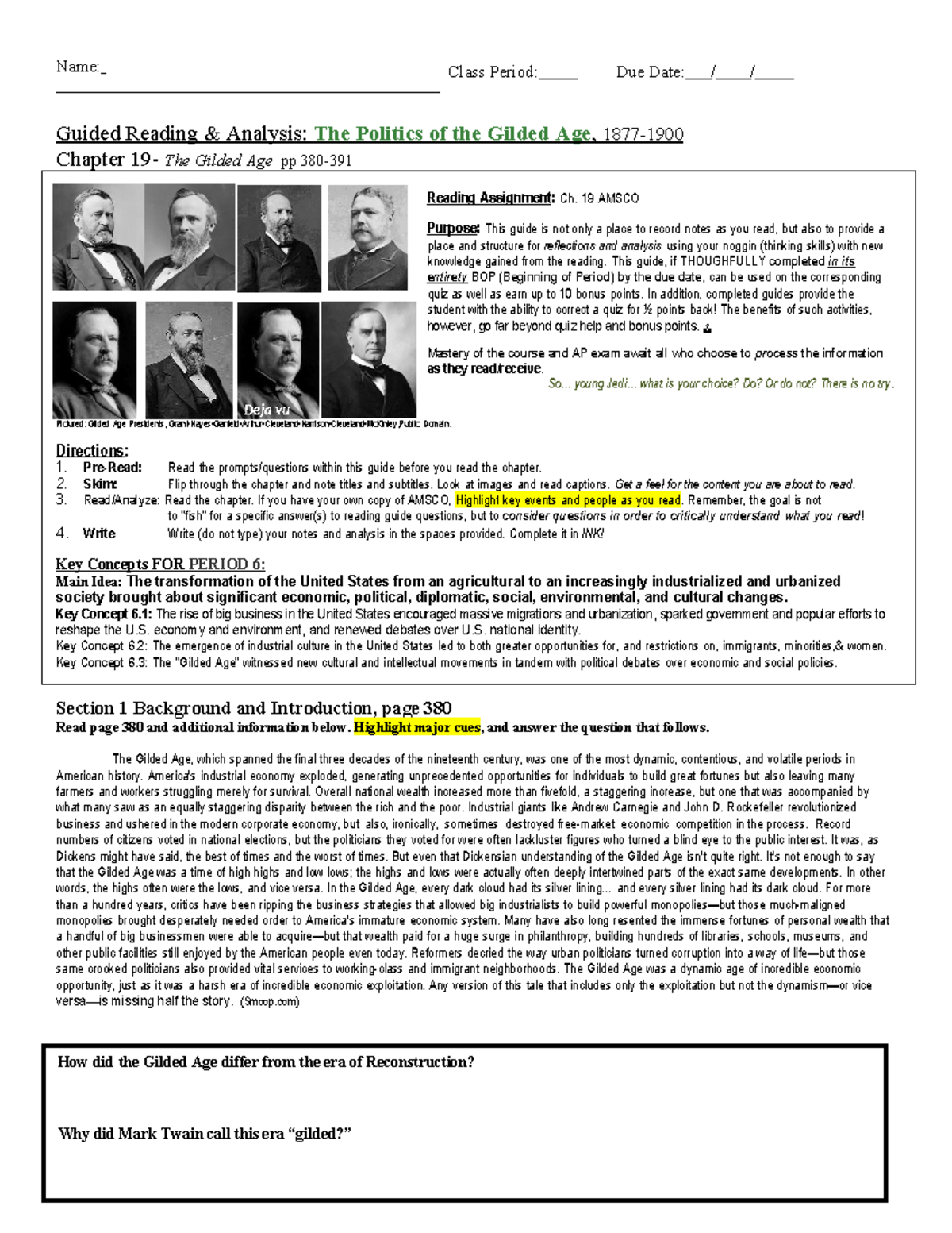 AMSCO Ch. 19 Guided Reading: The Gilded Age Analysis (Unit 11) - Studocu
