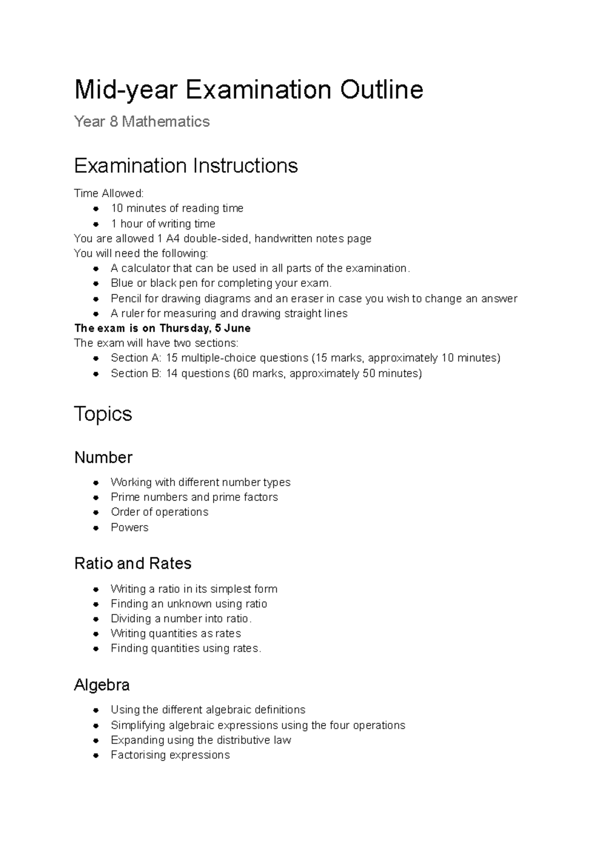 Year 8 Mathematics Mid-year Exam Outline - Studocu