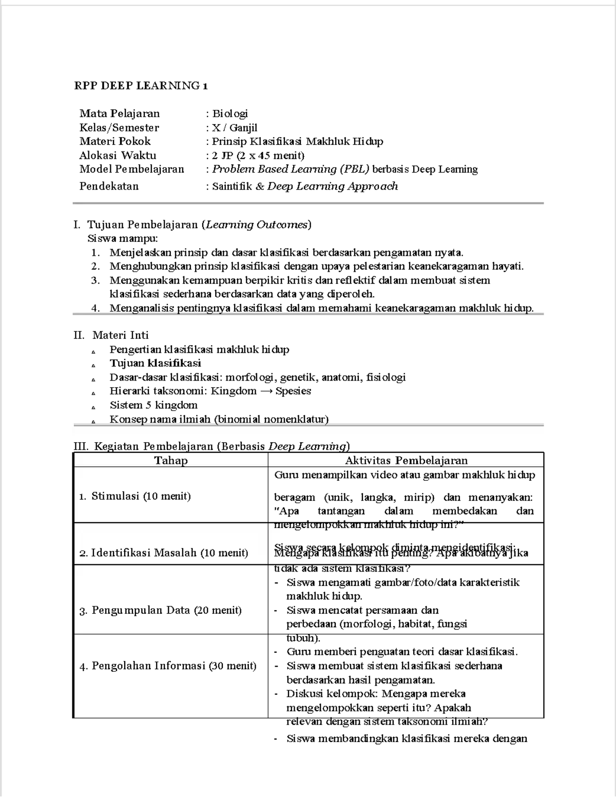 RPP DEEP LEARNING 1: Prinsip Klasifikasi Makhluk Hidup dan PBL - Studocu