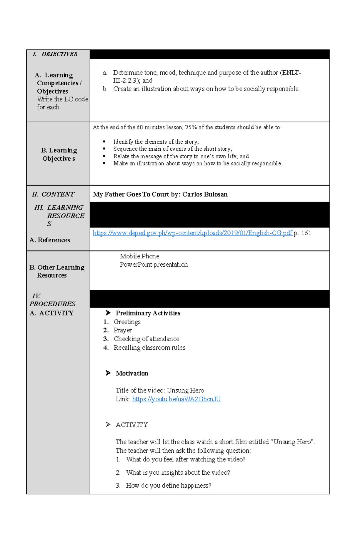 Lesson Plan: My Father Goes to Court (ENLT-III) - Studocu