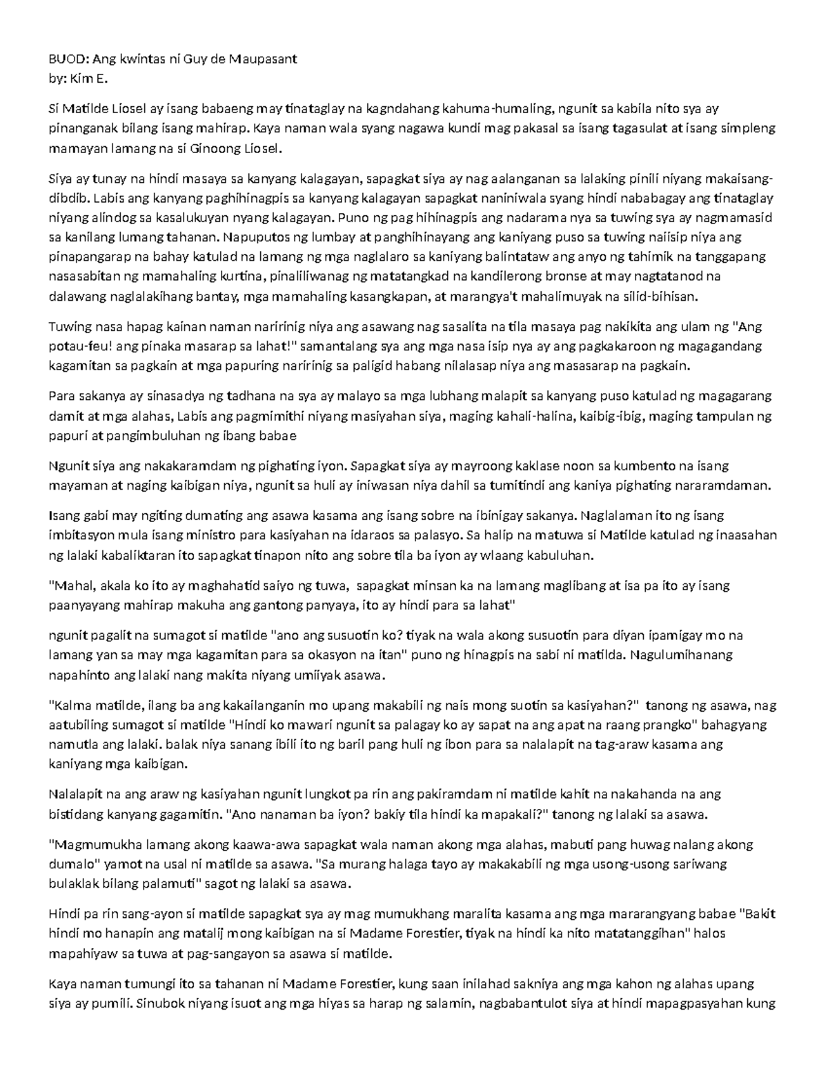 Ang Kuwintas: Buod ng Kuwento ni Guy de Maupassant - Studocu