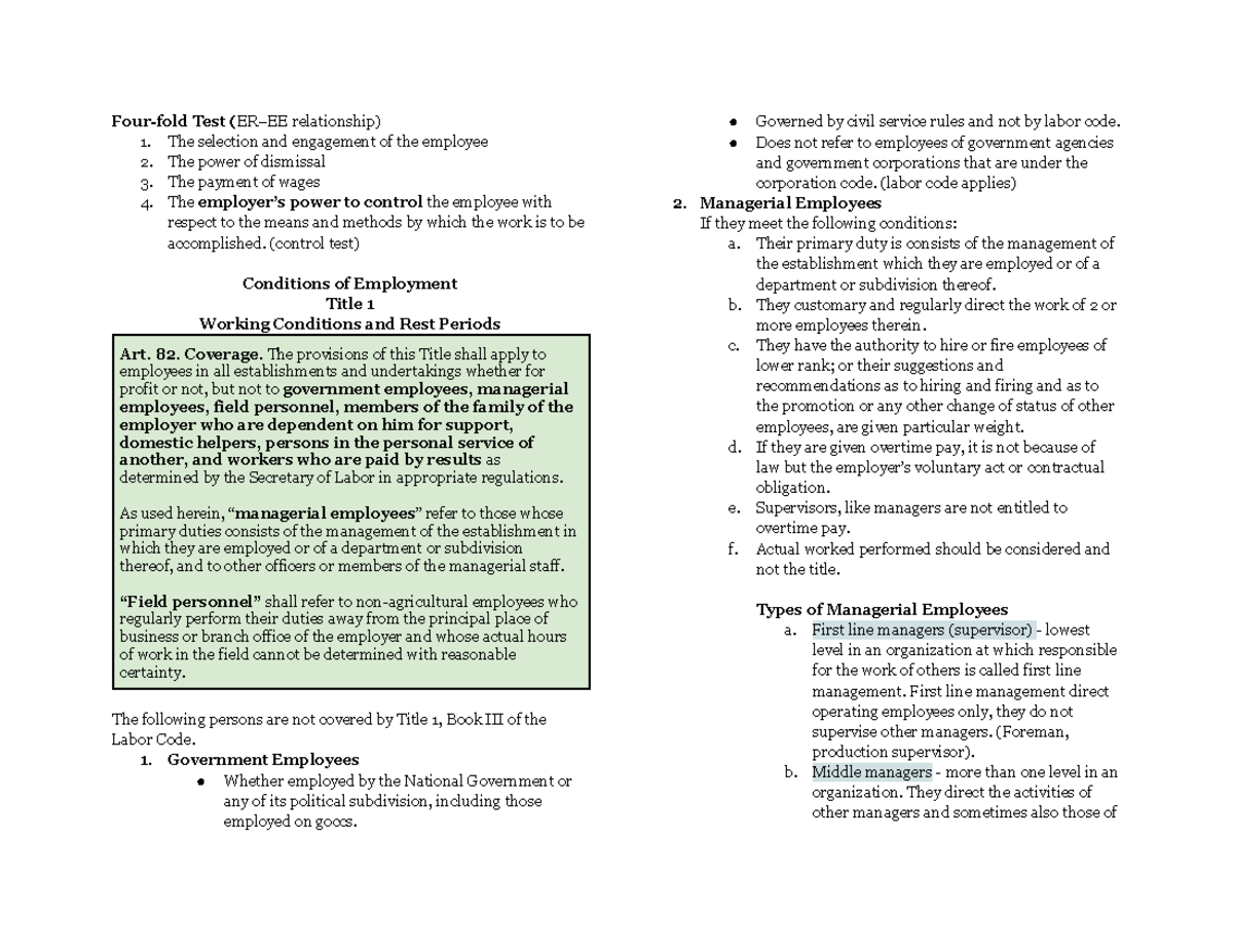 Labor Law Reviewer-2: Employee Engagement, Wages, and Working ...