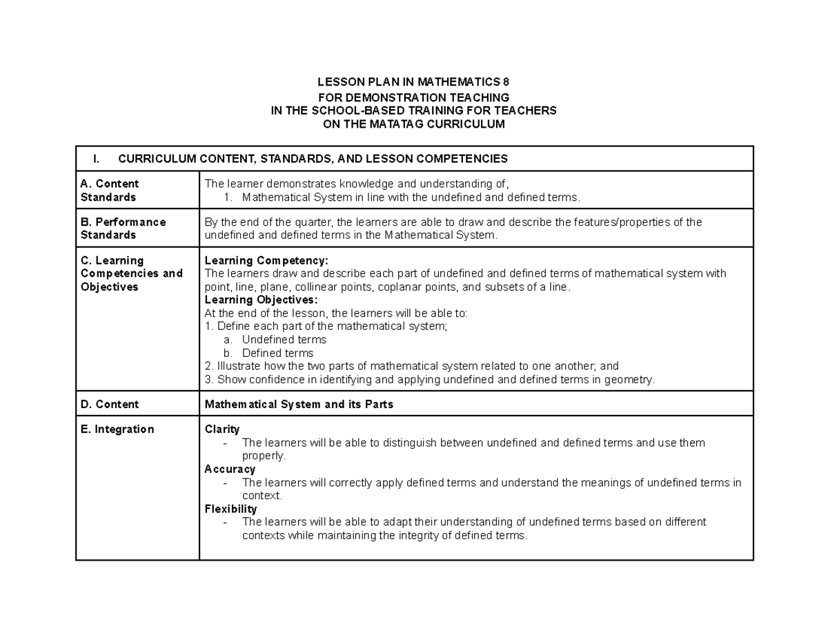 Mathematics 8 Lesson Plan: Undefined & Defined Terms in Geometry - Studocu