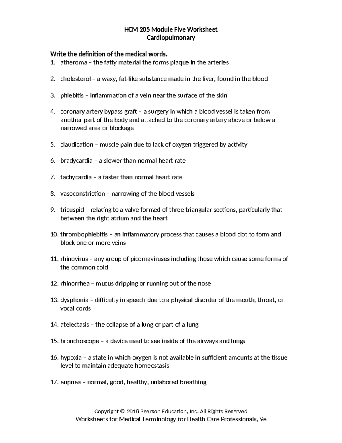 HCM 205 Module Five Cardiopulmonary Worksheet and Definitions - Studocu