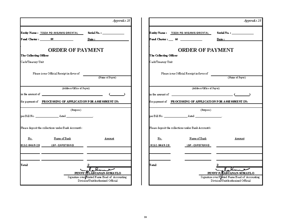 Appendix 28: TESDA PO Oriental Order of Payment Document - Studocu