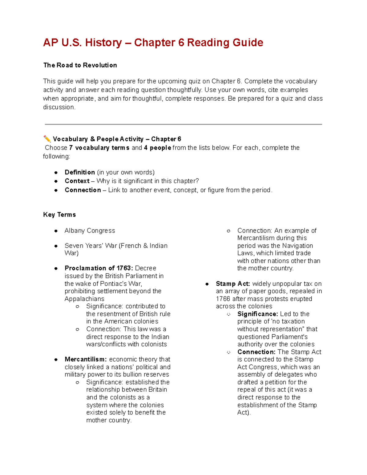 AP U.S. History Chapter 6 Quiz Prep: The Road to Revolution Guide - Studocu