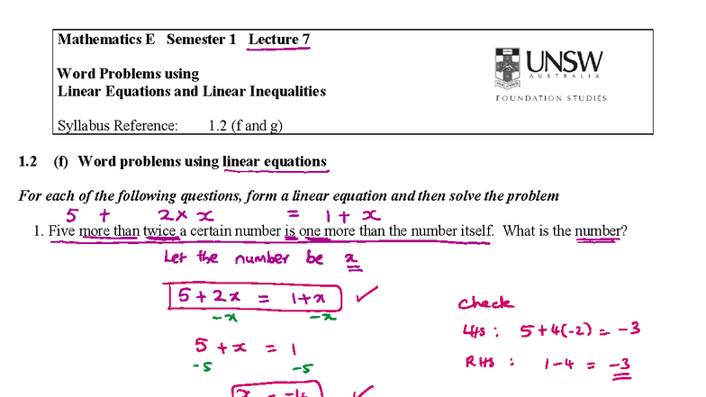 Mathematics E Semester 1 Lecture 7: Word Problems with Linear Equations ...