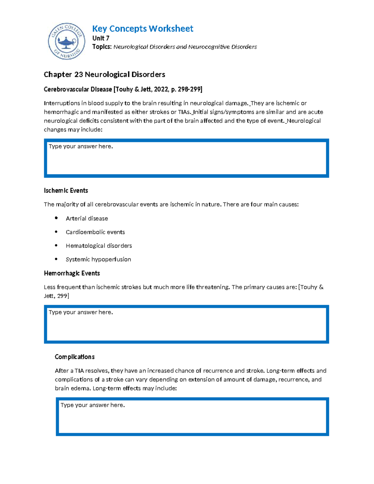 Key Concepts Study Guide for Unit 7: Neurological & Neurocognitive ...
