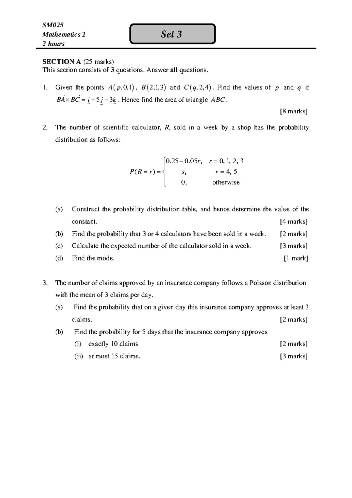 SM025 Mathematics 2 SET 3 Exam Questions and Solutions - Studocu