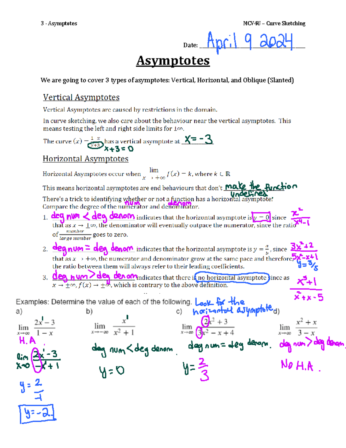 Asymptotes Teacher - Work from class - 3 - Asymptotes MCV4U – Curve ...