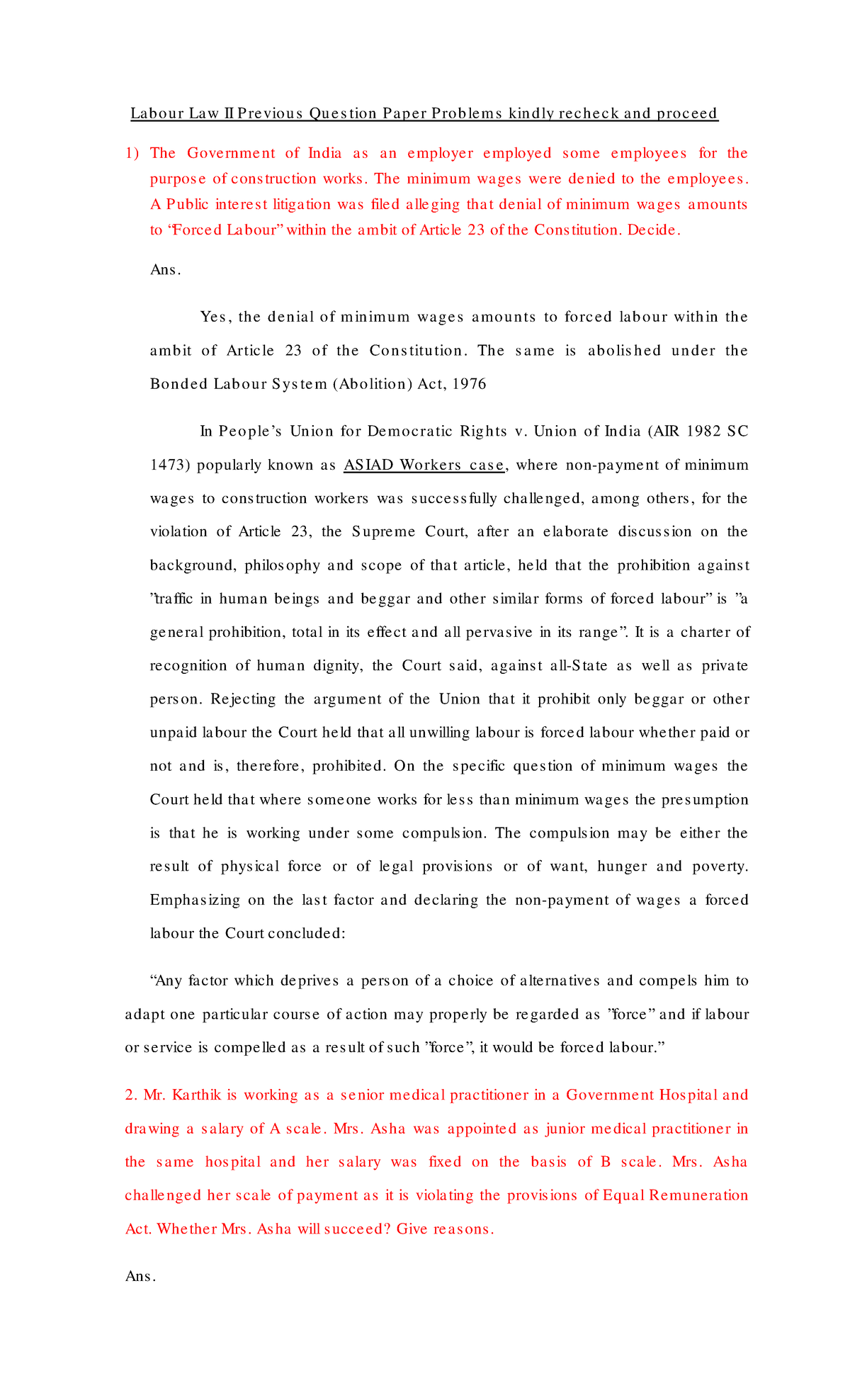 Labour Law II: Previous Question Paper Analysis and Solutions - Studocu