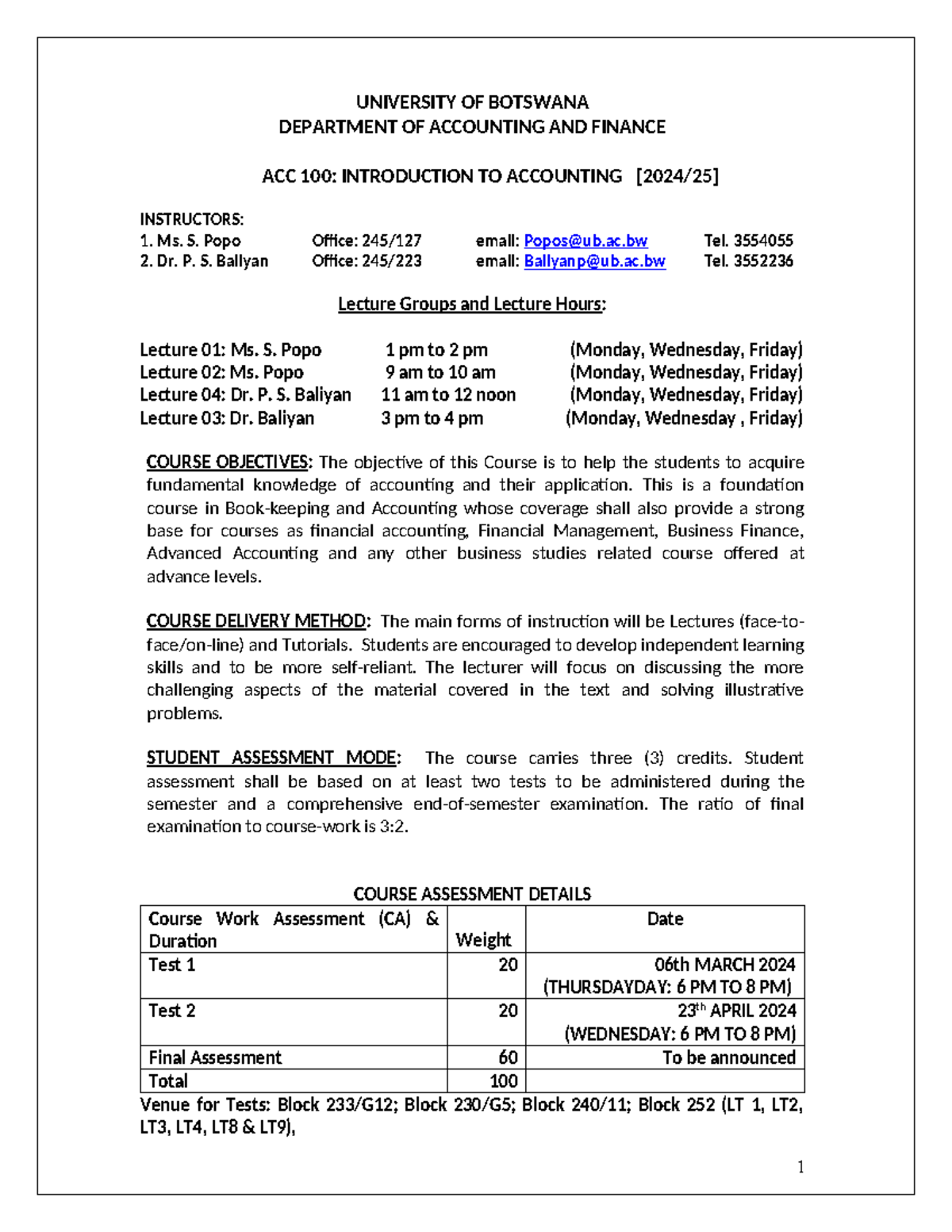 ACC 100: Introduction to Accounting Course Outline and Schedule - Studocu